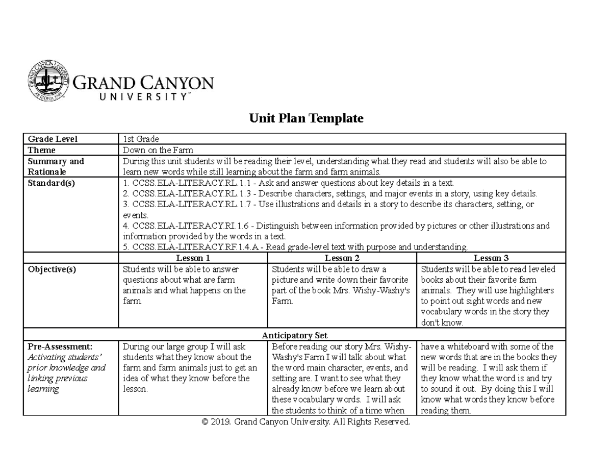 ECE-450-T3-Unit Plan Template 2 - Unit Plan Template Grade Level 1st ...