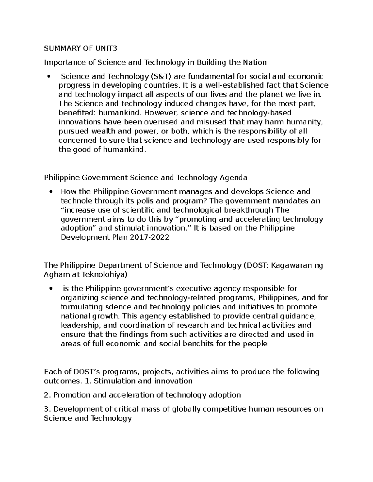 Lecturesunit 3 Summary SUMMARY OF UNIT Importance Of Science And lecturesunit-3-summary-summary-of-unit-importance-of-science-and