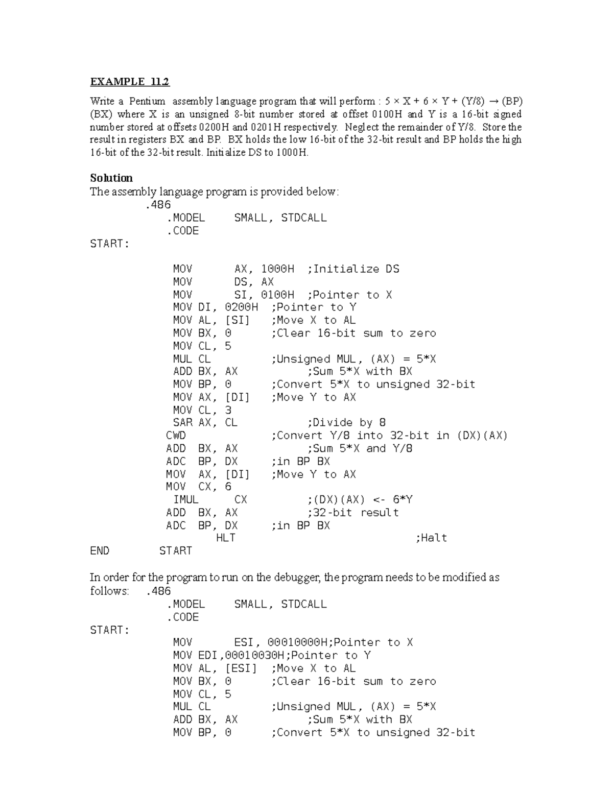 Ex 11.2 - Solution - EXAMPLE 11. Write a Pentium assembly language ...