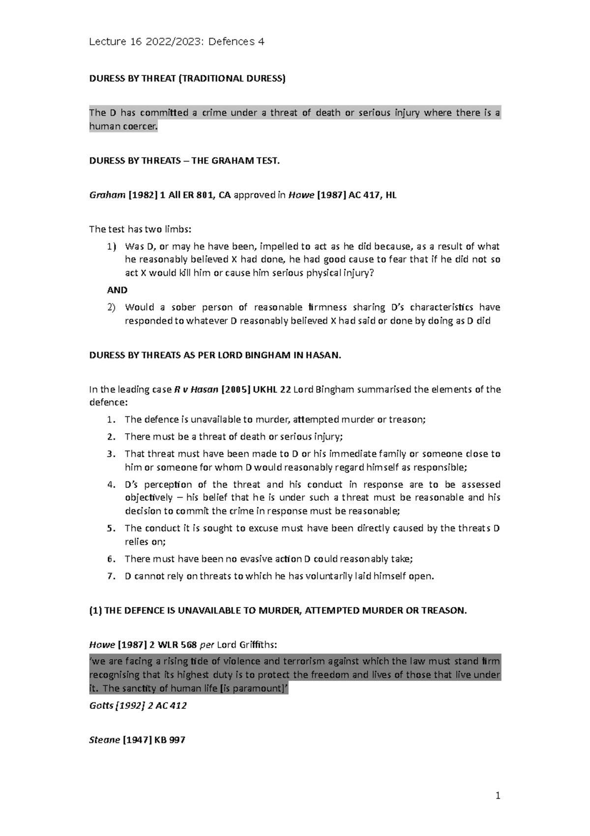 Lecture 16 Defences 4 KW 202223 Outline - DURESS BY THREAT (TRADITIONAL ...