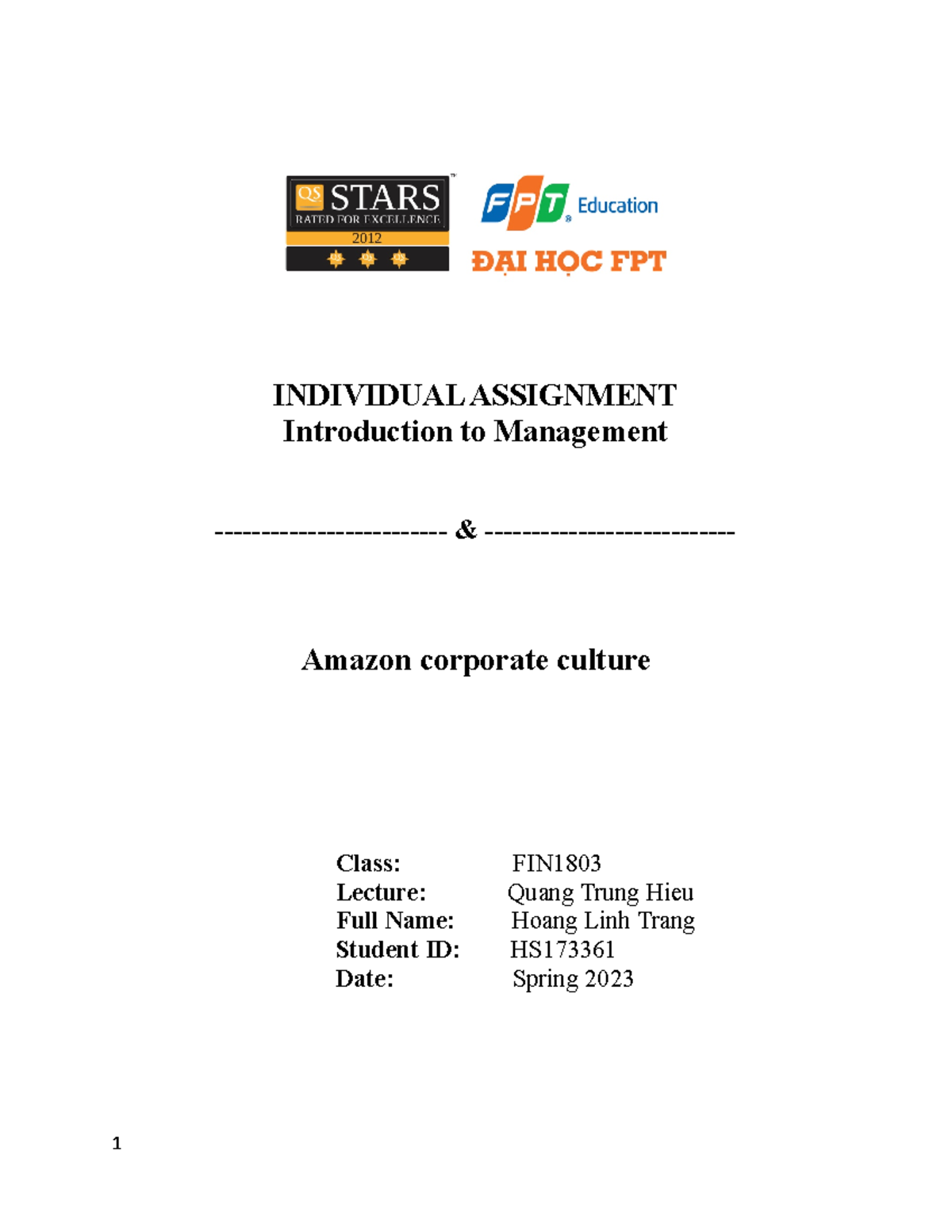 Individual writing - INDIVIDUAL ASSIGNMENT Introduction to Management ...
