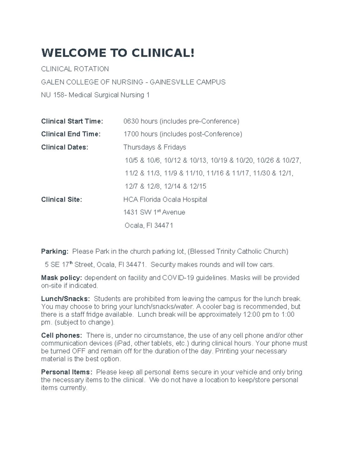 NU 158 Welcome - welcom - WELCOME TO CLINICAL! CLINICAL ROTATION GALEN ...