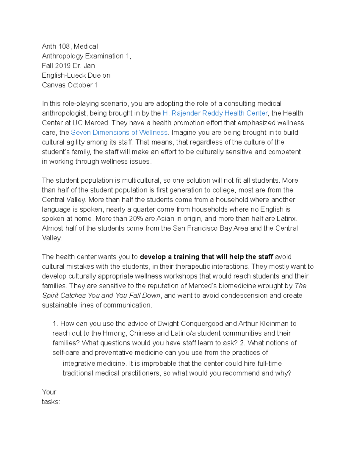 Anth 108 Exam 1 F2019 - Exam debrief - Anth 108, Medical Anthropology ...