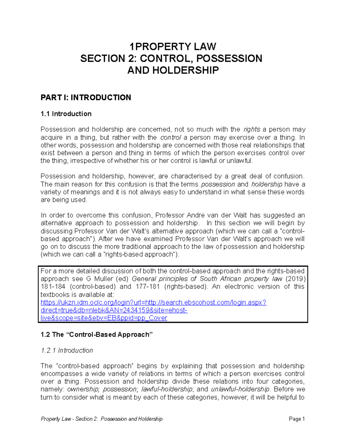 Worksheet 2 Control, Possession and Holdership - 1PROPERTY LAW SECTION ...