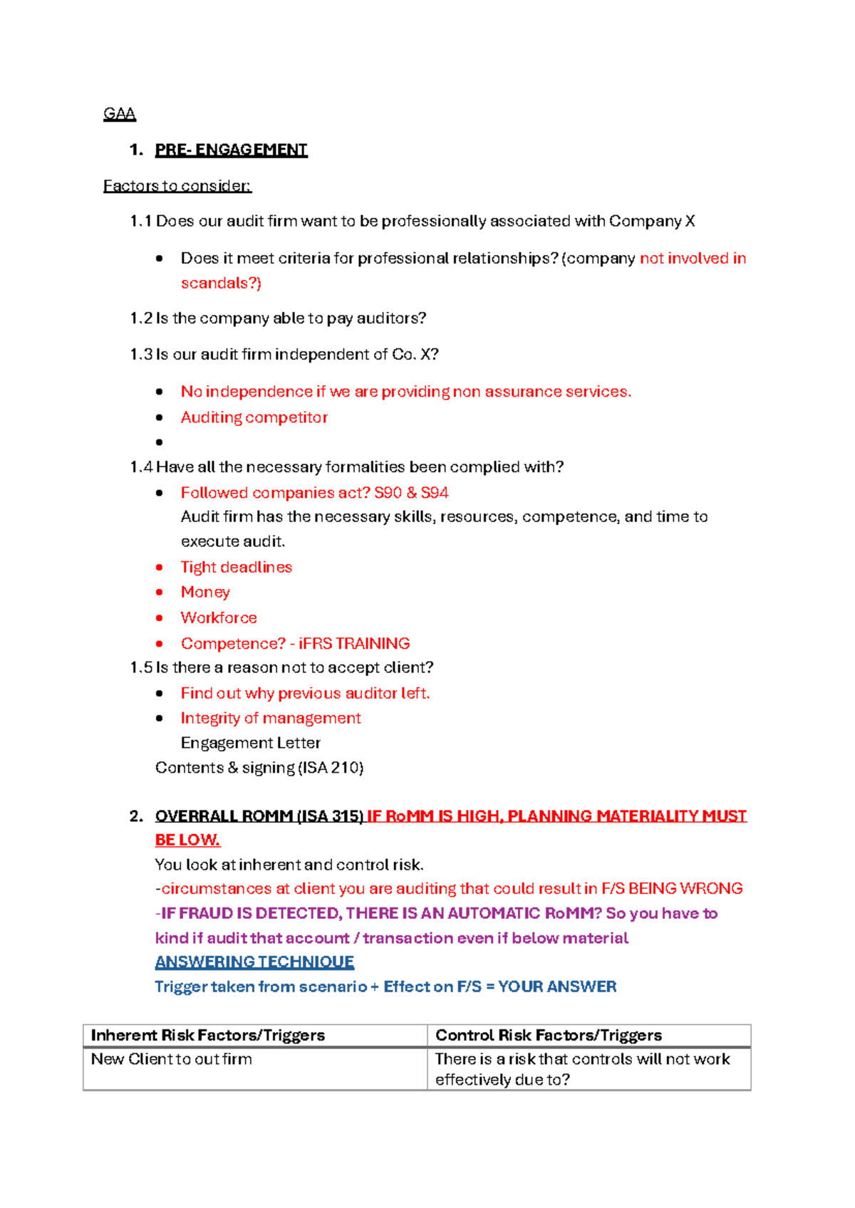 GAA 2024 - ROMM , ASSERTIONS, PLANNING - GAA 1. PRE- ENGAGEMENT Factors to consider: 1 Does our ...