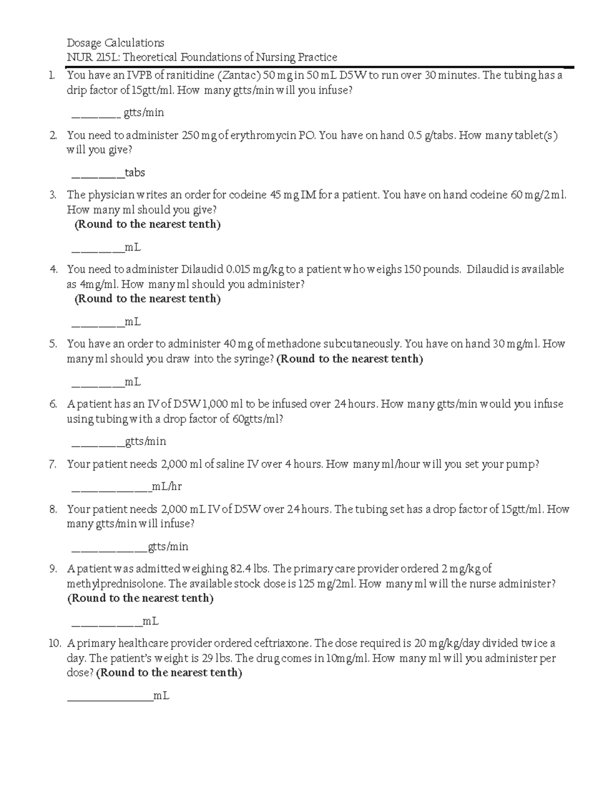 Dosage Calc Practice WS - Dosage Calculations NUR 215L: Theoretical ...