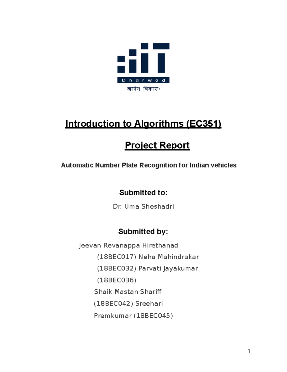 Project Report - 1 Introduction to Algorithms (EC351) Project Report Automatic Number Plate ...