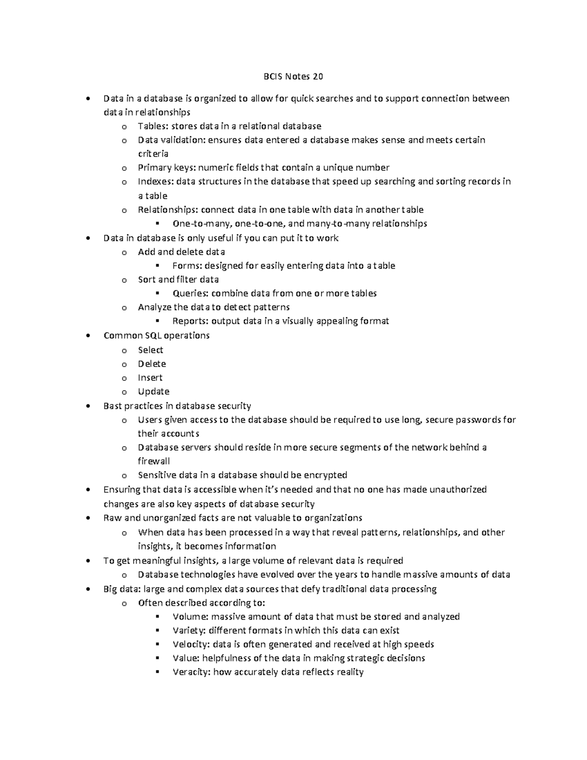 Bcis Notes 20 Data In Databases Sql Operations Database Security Business Intelligence