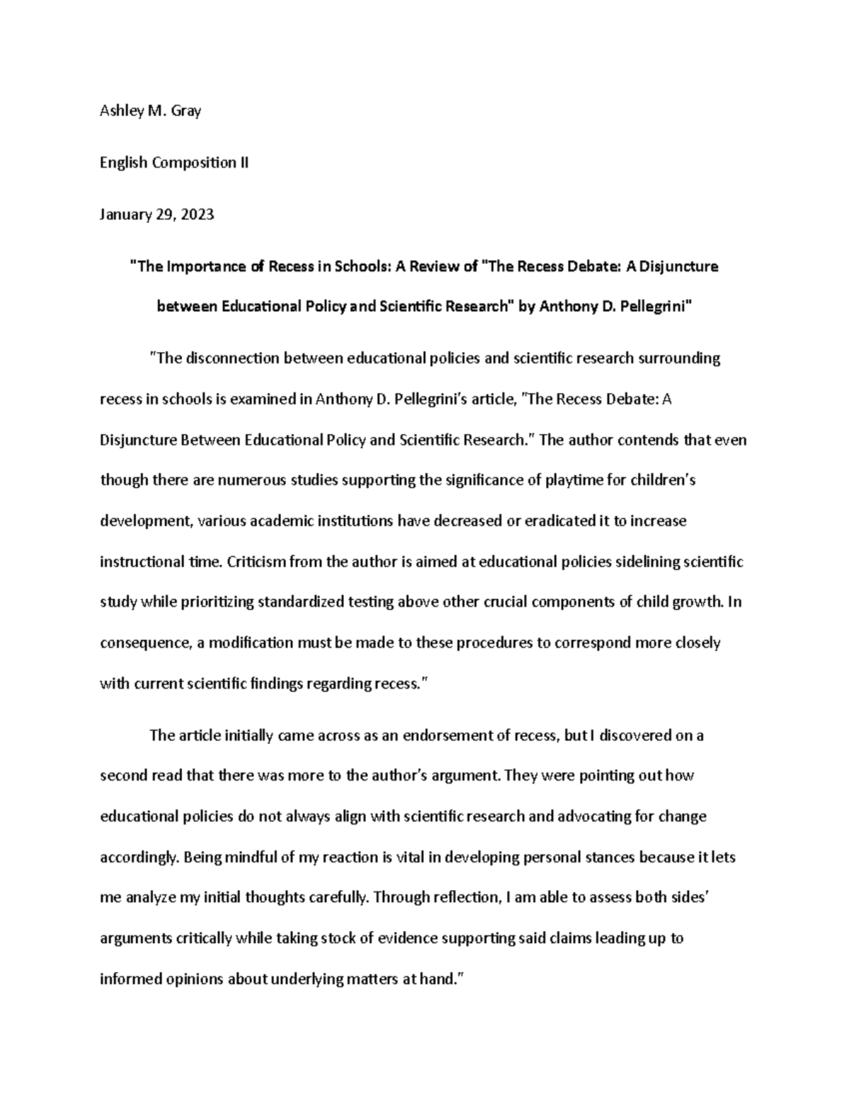 Eng Comp 2 Essay 1 Gray Ashley 1 - Ashley M. Gray English Composition ...