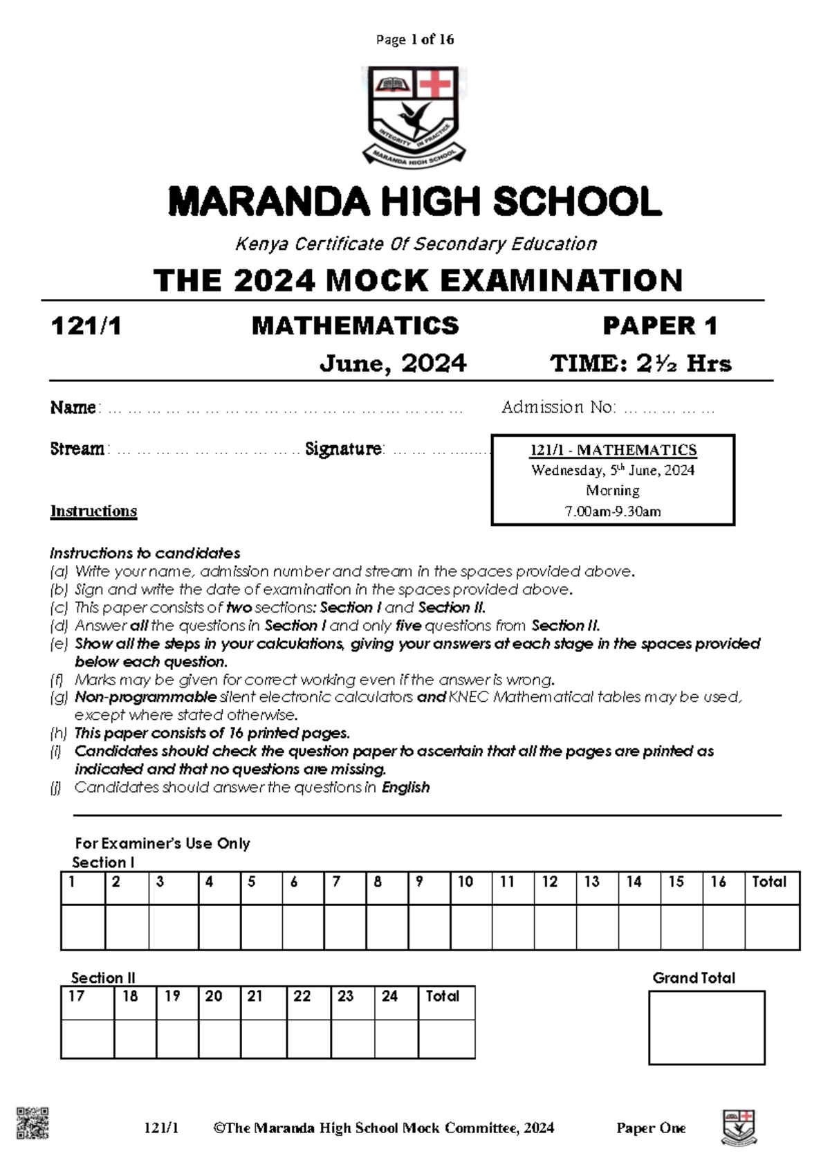 Maranda HIGH PP1QN - PP2 Q - MARANDA HIGH SCHOOL Kenya Certificate Of ...