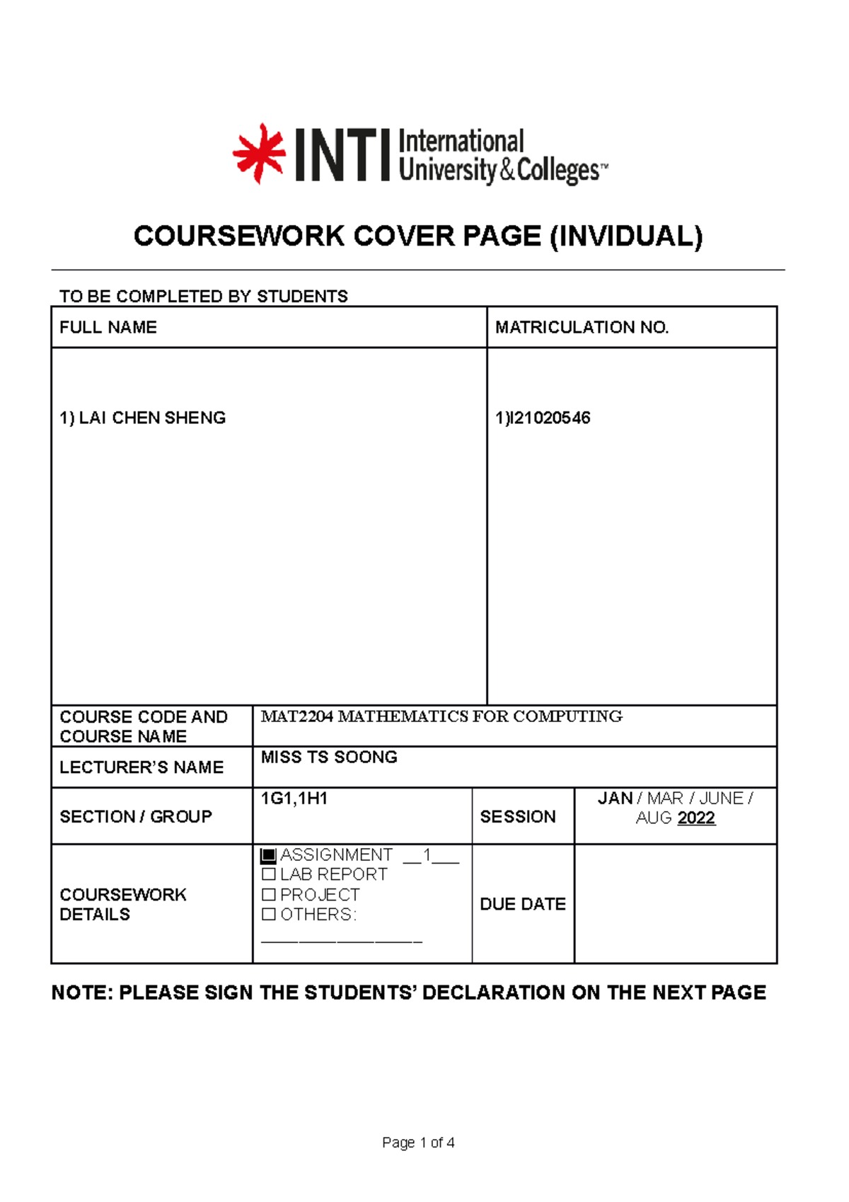 MAT2204 Quiz 4G1,4H1,6H1,6G1, 6G2,6MCC Q-(stdname) - COURSEWORK COVER ...