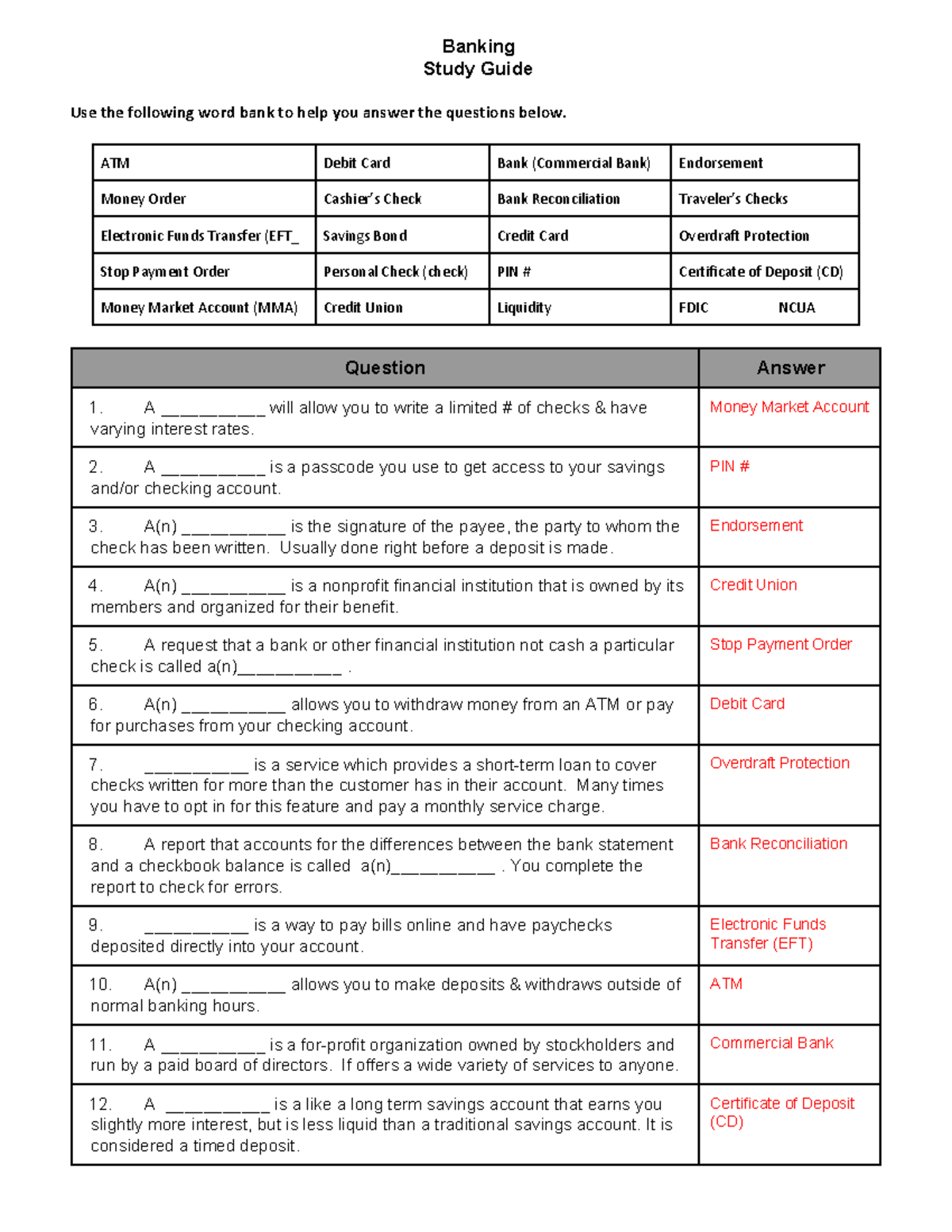 Copy of Unit 3 Banking Study Guide - Banking Study Guide Use the ...