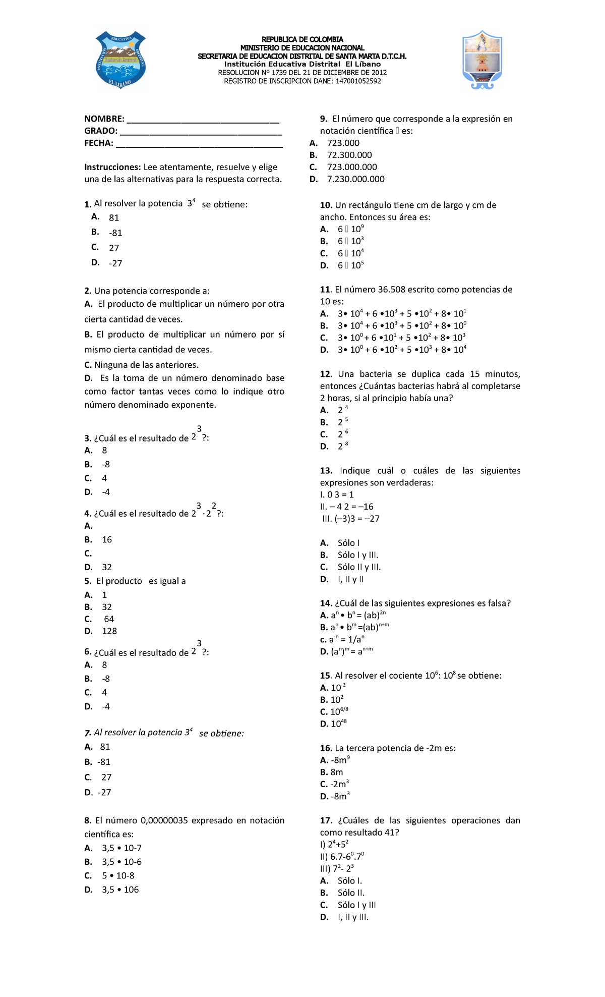 EVA-MATE- Final - ejercicios. - REPUBLICA DE COLOMBIA MINISTERIO DE ...