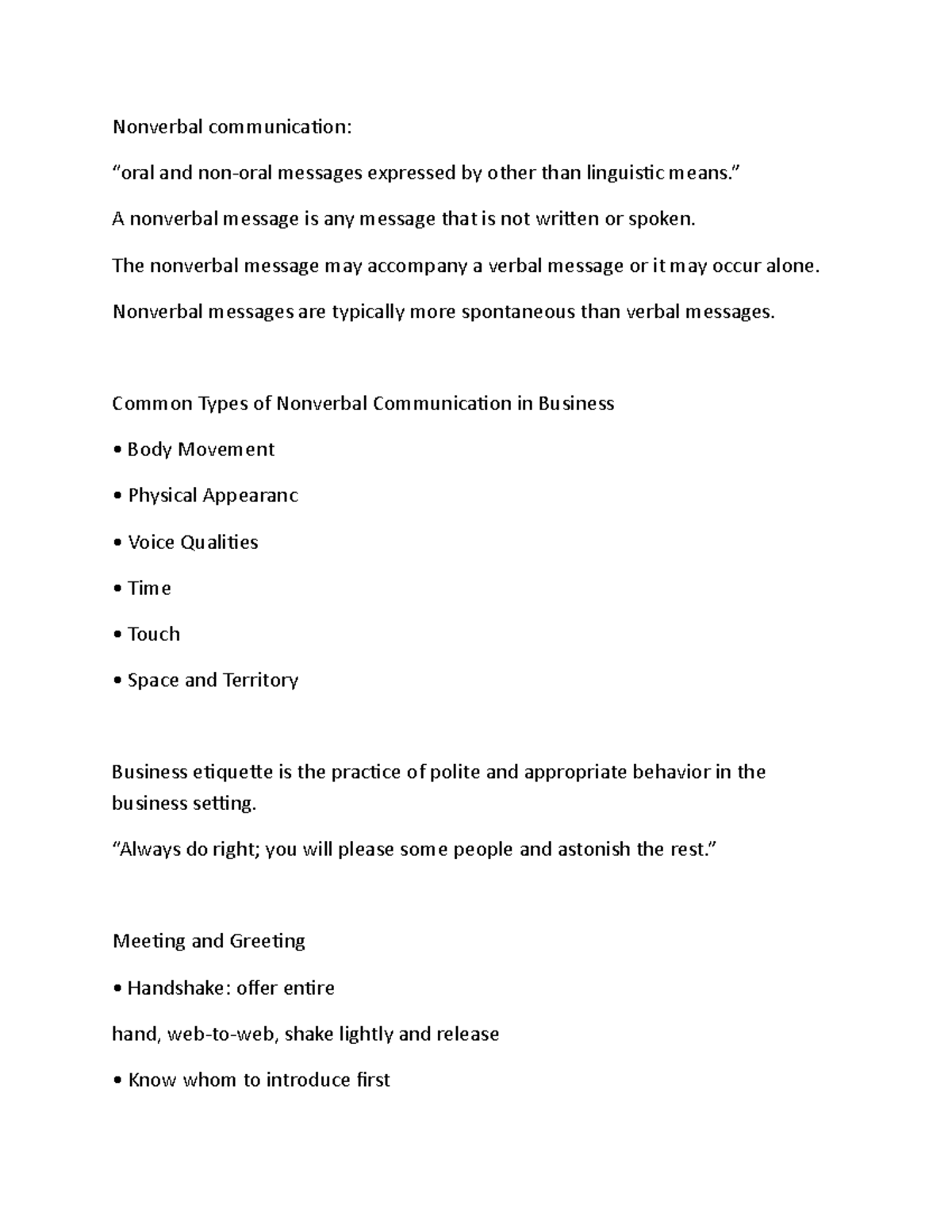 BC3 - Notes - Nonverbal communication: “oral and non-oral messages ...
