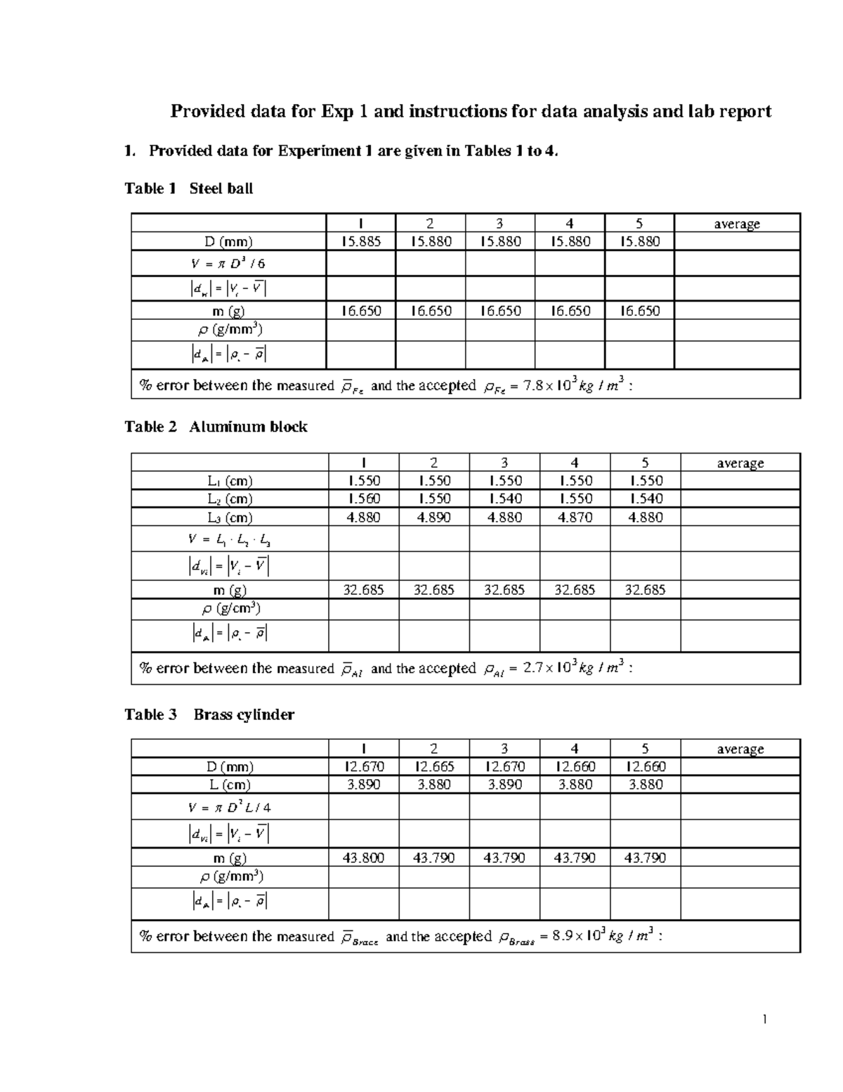 PHY2048L Exp 1 Data and Instructions - 1 Provided data for Exp 1 and instructions for data ...