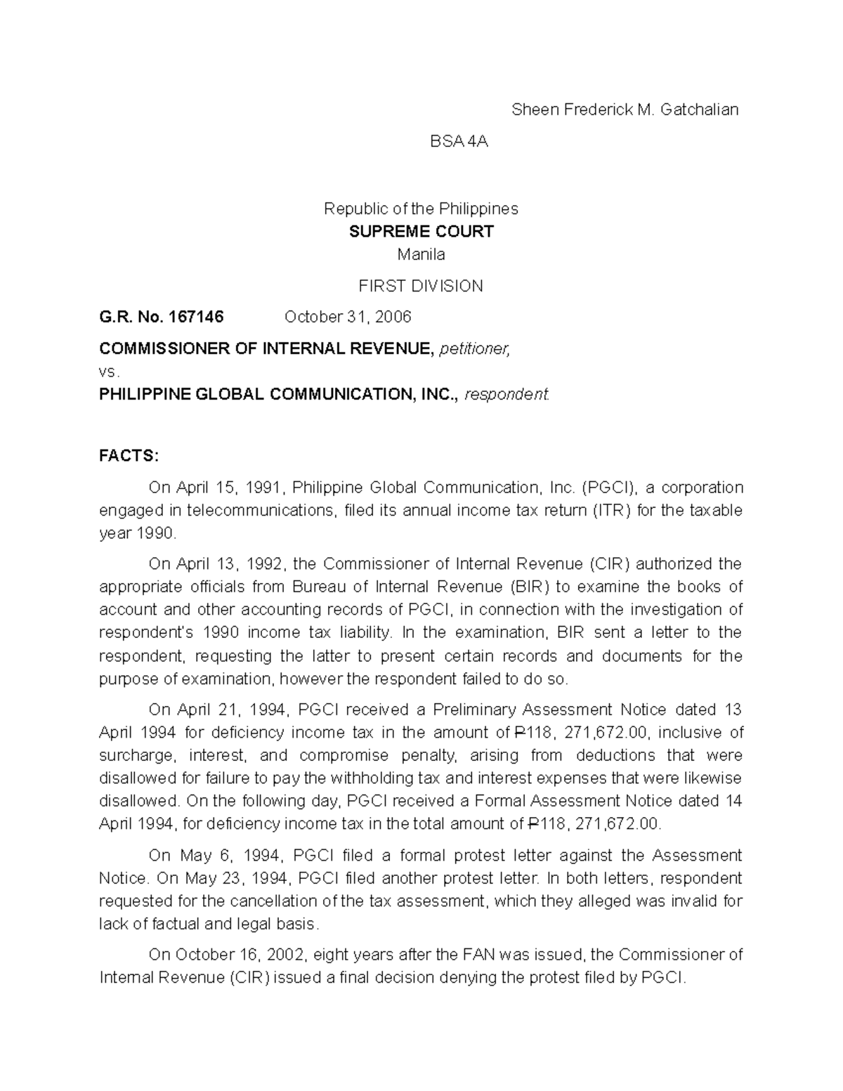 Case digest tax - Lecture notes 1 - Sheen Frederick M. Gatchalian BSA ...