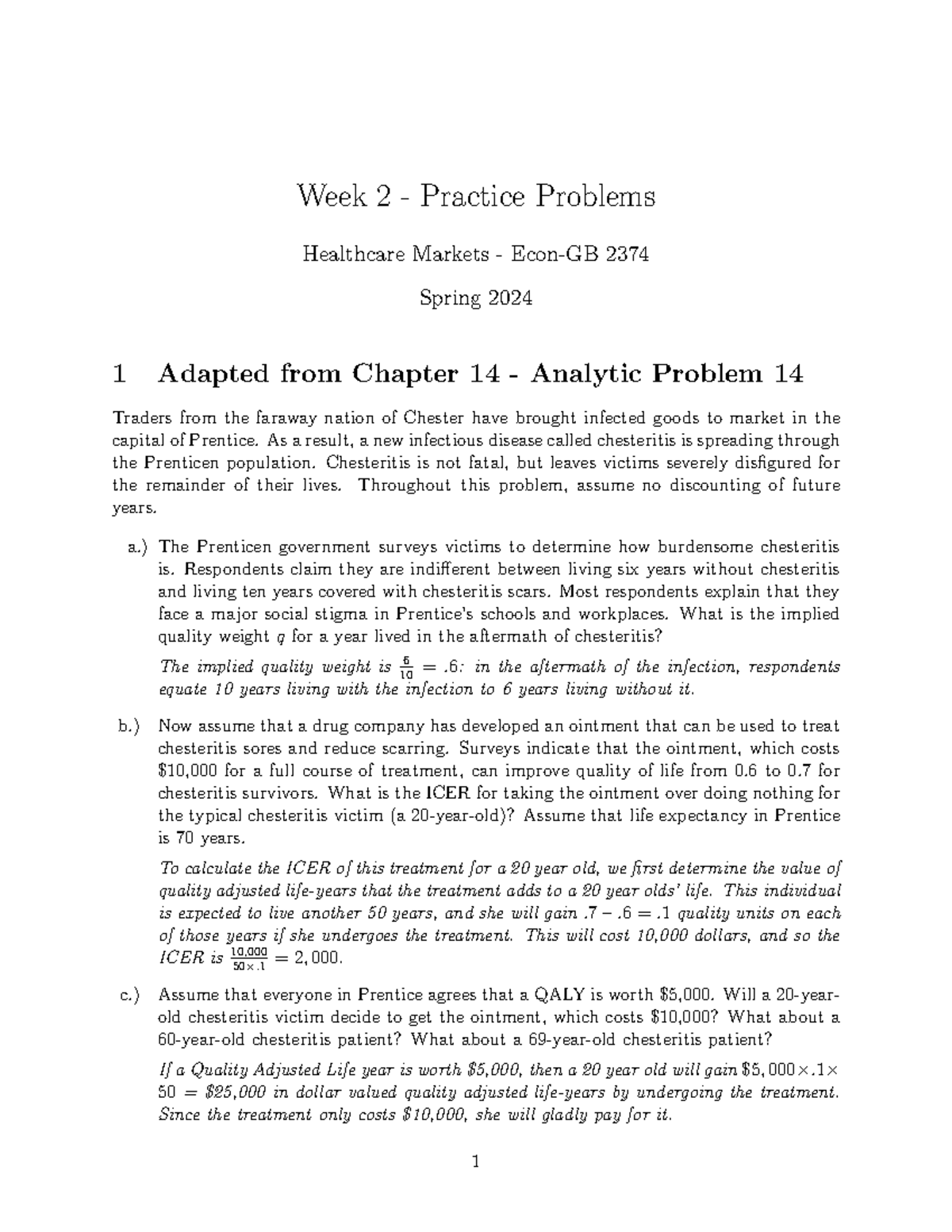 Week 2, Practice Problems with Solutions - Week 2 - Practice Problems Healthcare Markets - Econ ...