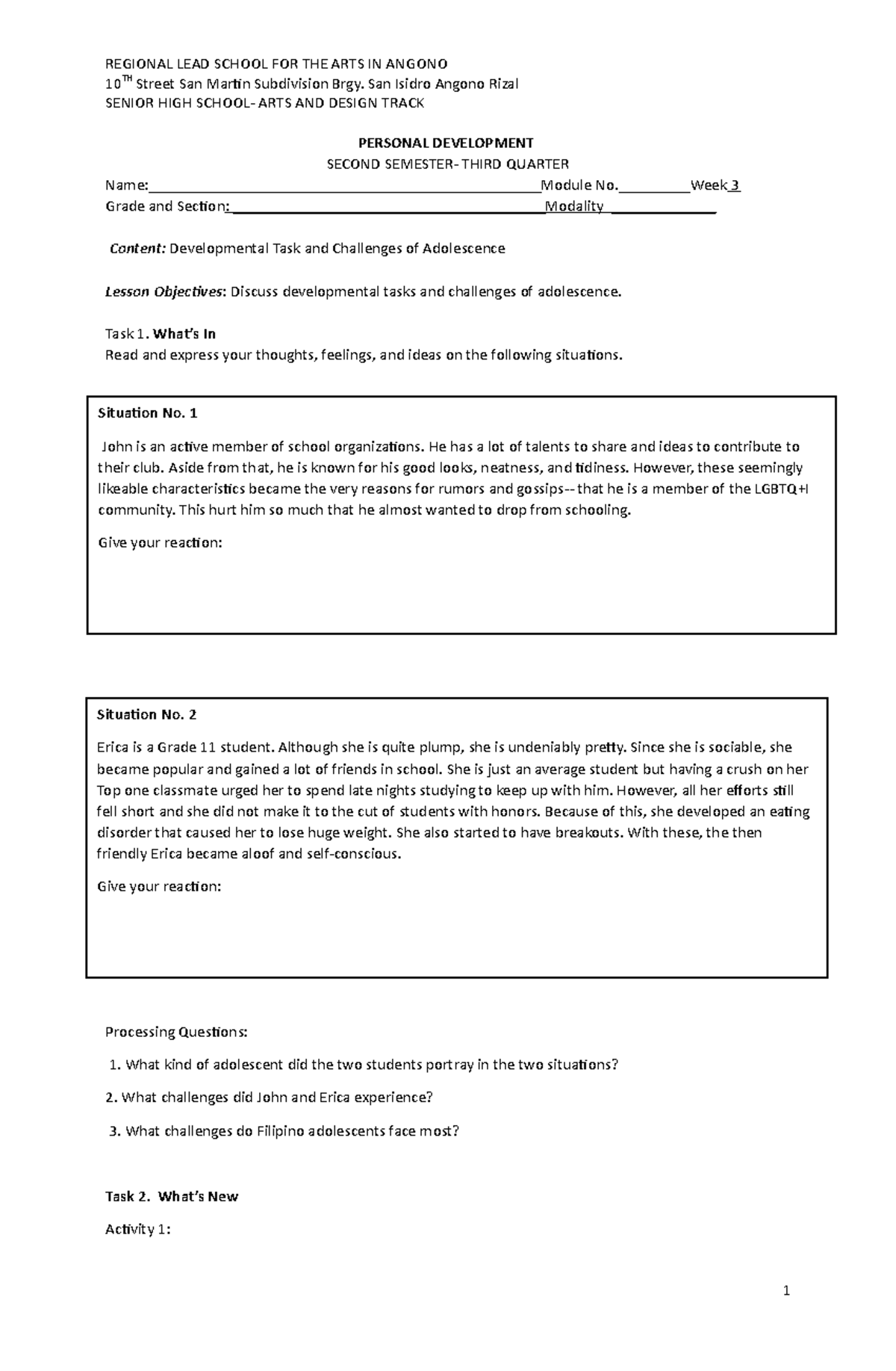 Week 3 Personal Development LAS G11 - 10 TH Street San Martin ...