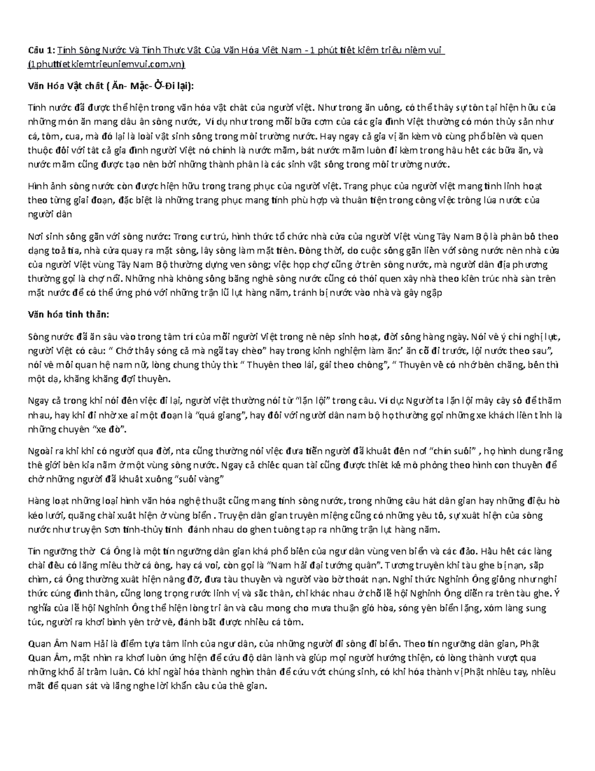 CSVH - CSVH - Câu 1: Tính Sông N ước Và Tính Th ực V t C a Văn Hóa Vi t Nam - 1 phút tếết ki m ...