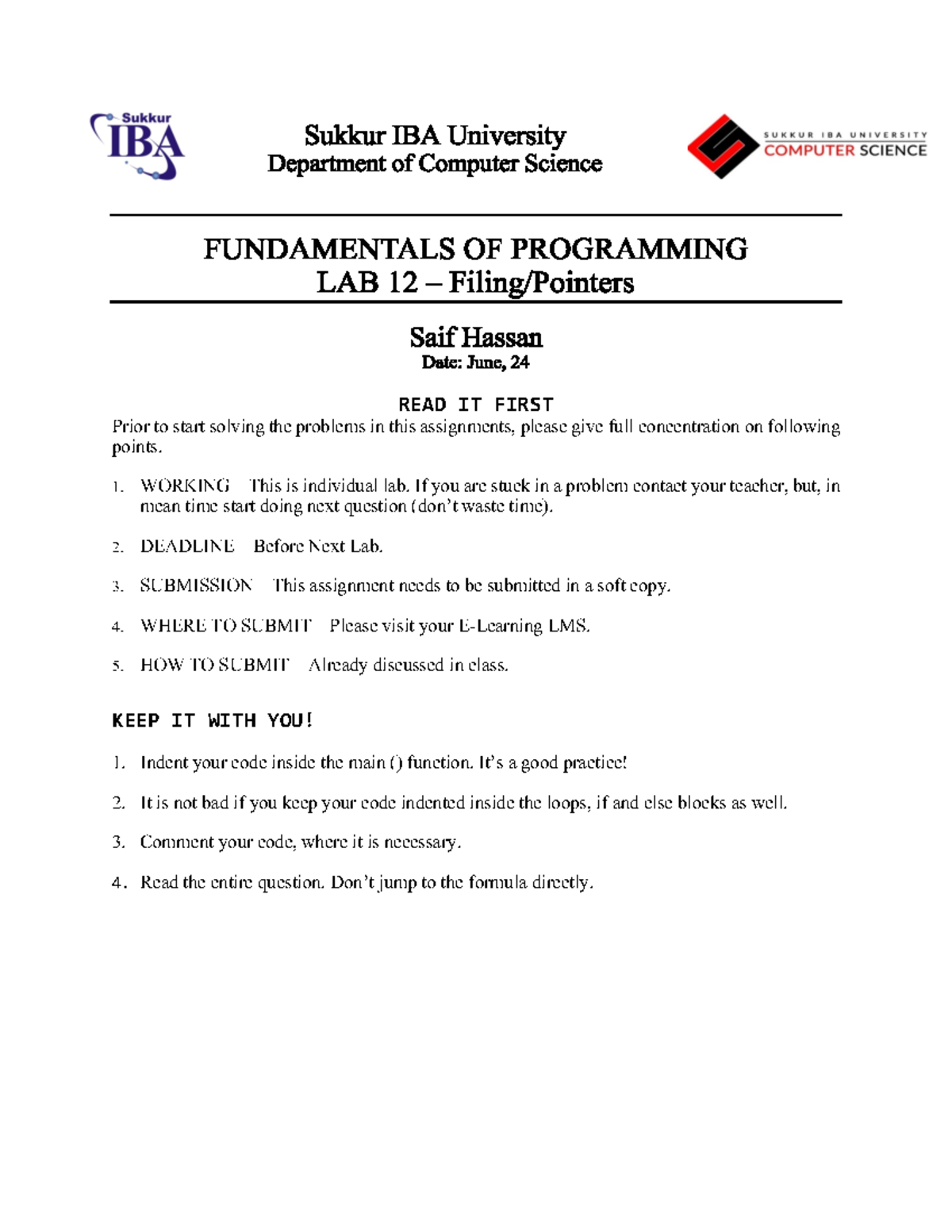 Lab 12 Cs121 Pointers In C Sukkur Iba University Department Of Computer Science Fundamentals