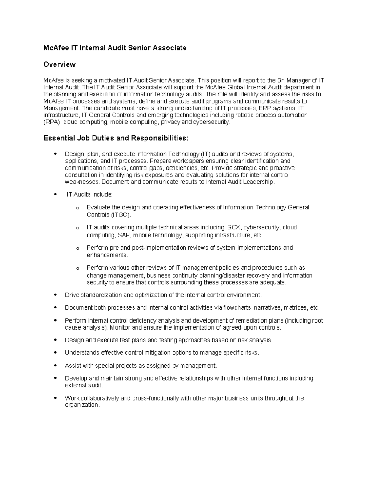 Mc Afee IT Audit Senior Associate Job Description - McAfee IT Internal ...