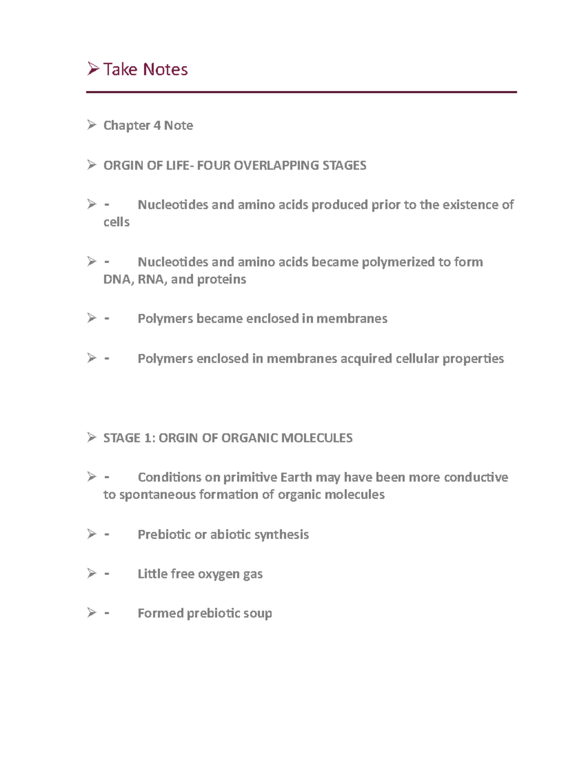 Bio chapter 4 notes - Take Notes Chapter 4 Note ORGIN OF LIFE- FOUR ...