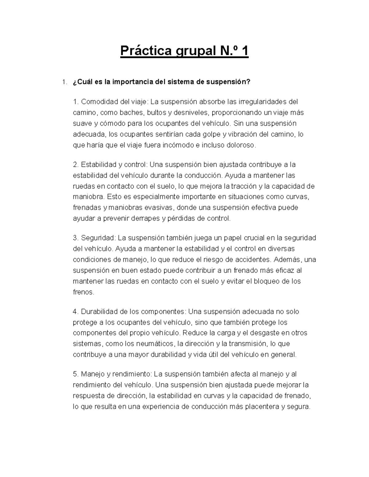 Práctica grupal N.º 1 - Práctica grupal N.º 1 ¿ Cuál es la importancia del sistema de suspensión ...