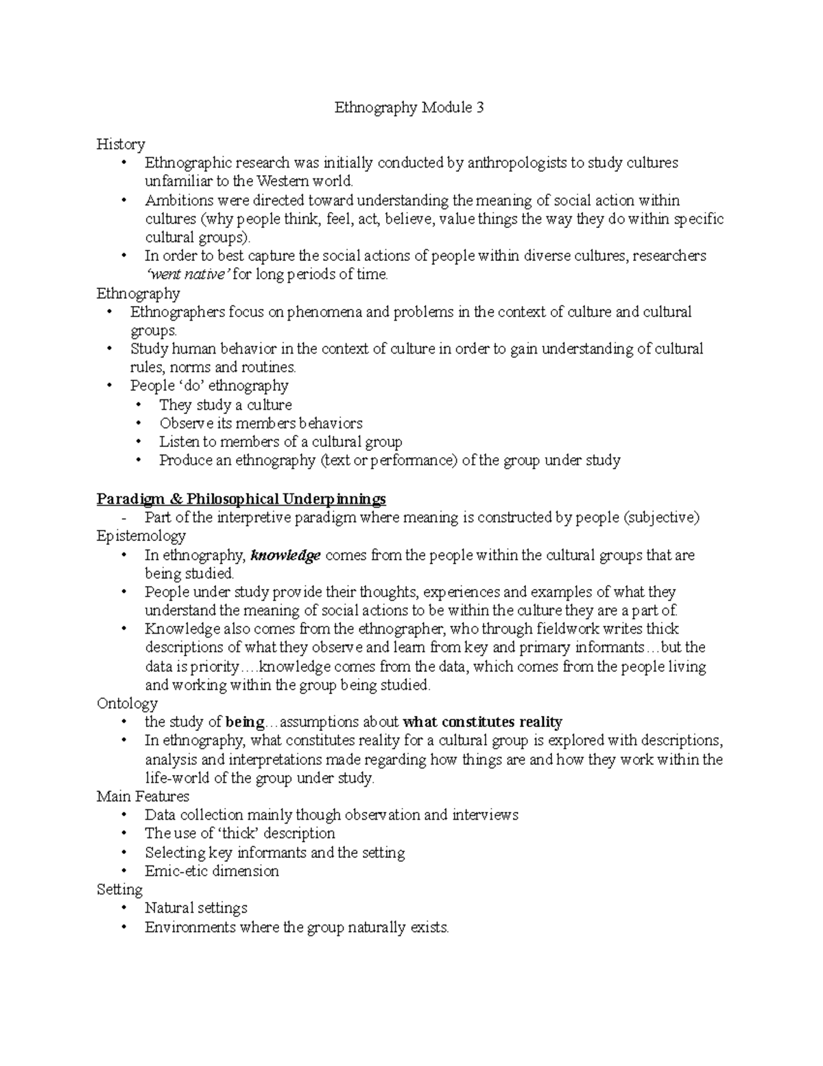 Ethnography Module 3 - Lecture notes 3 - Ethnography Module 3 History ...