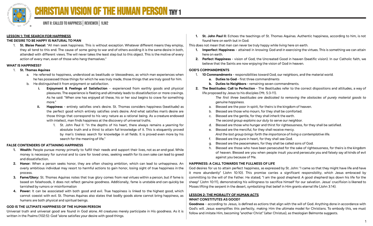 THY 1 Summative Test II Reviewer - Christian vision of the human person ...