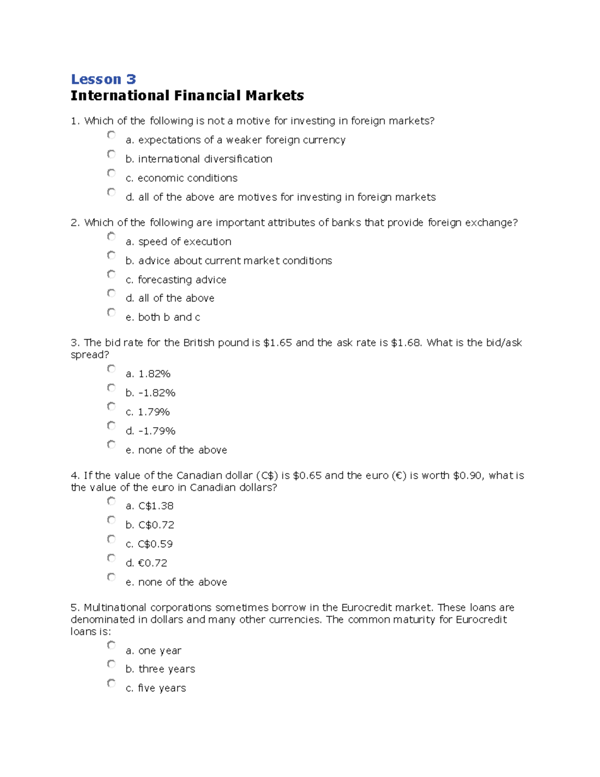 Review Questions International Financial Markets - Lesson 3 ...