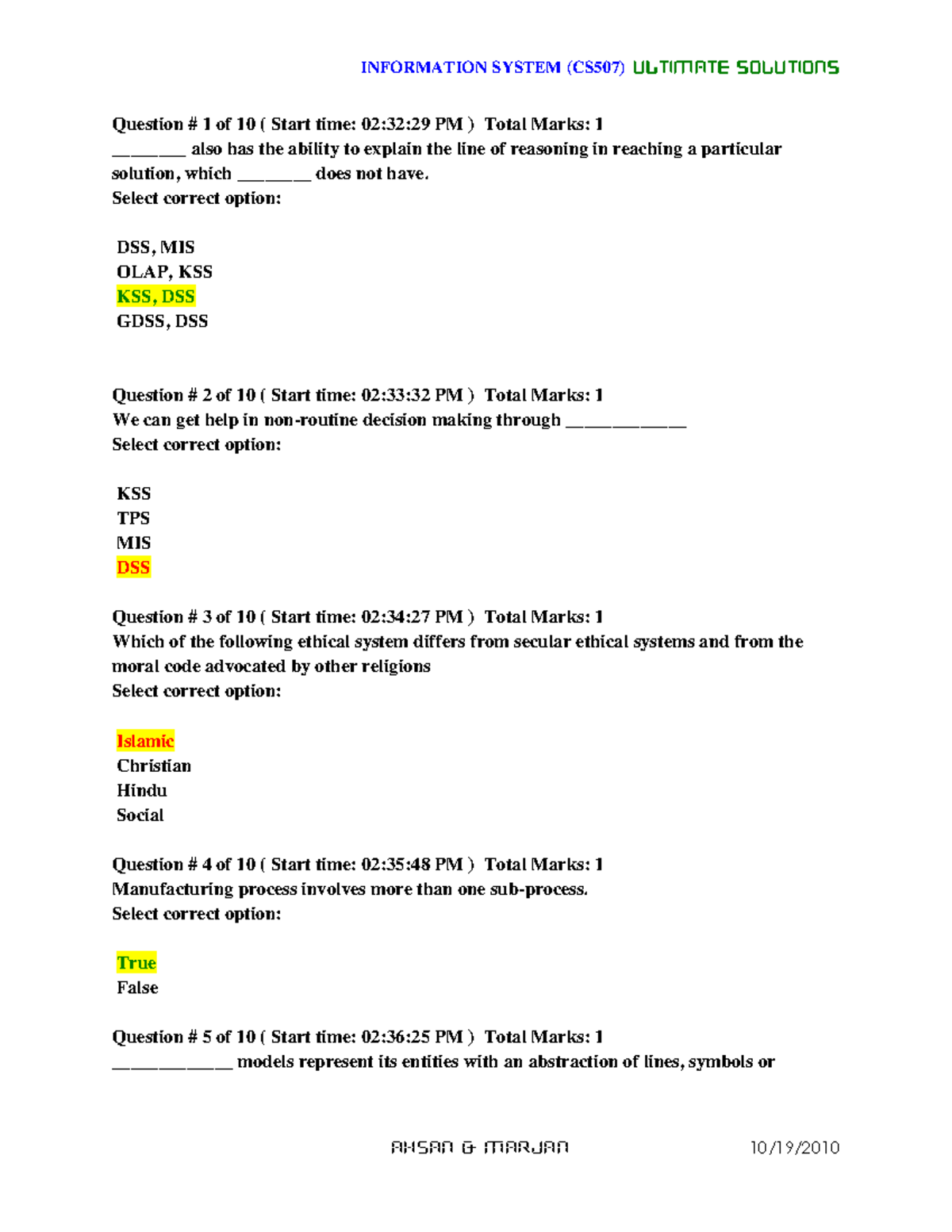 CS507 Solved objective papers with Reference - Question # 1 of 10 ( Start time: 02:32:29 PM ...