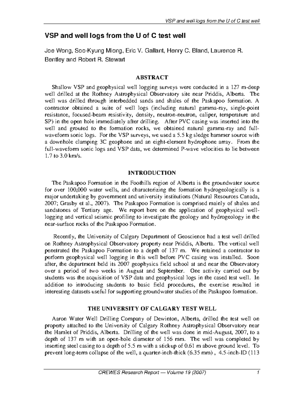 2007-10 - VSP and well logs from the U of C test well VSP and well logs ...