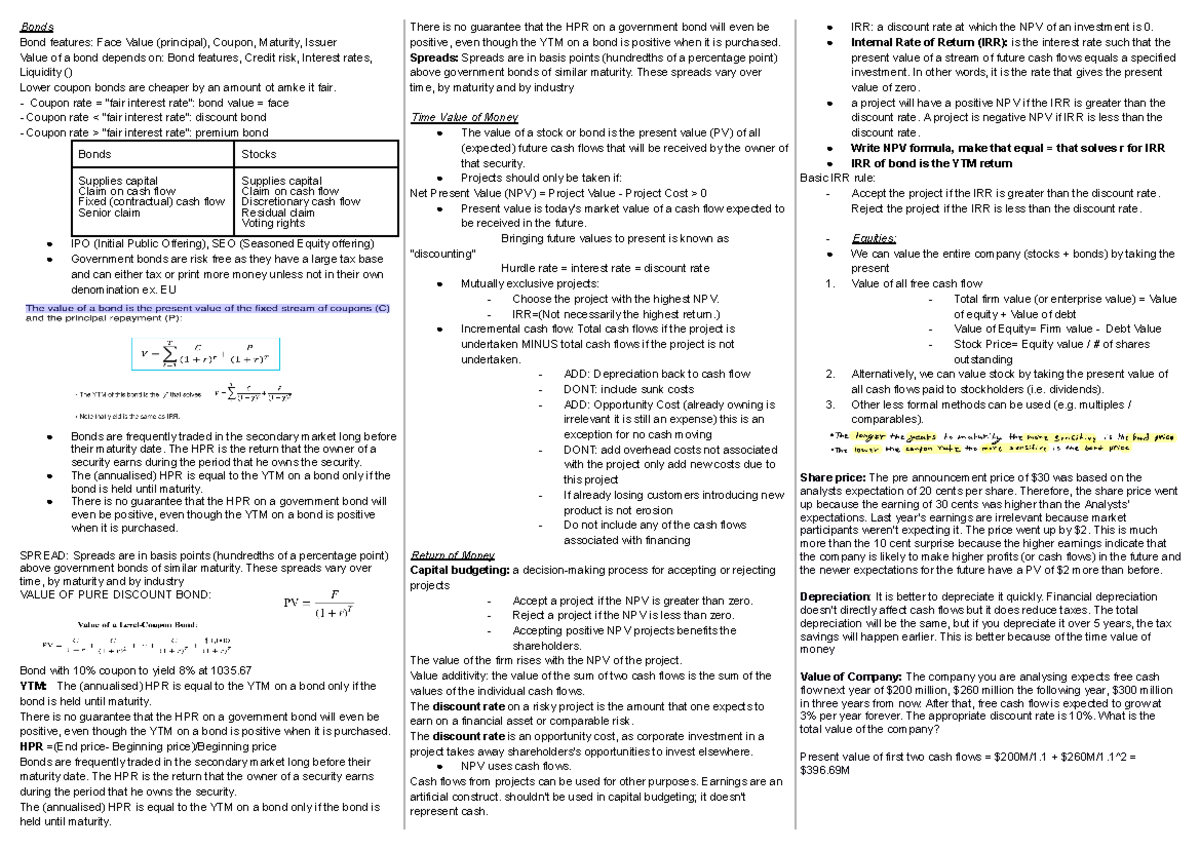 RSM230 Cheat Sheet - Bonds Bond features: Face Value (principal ...