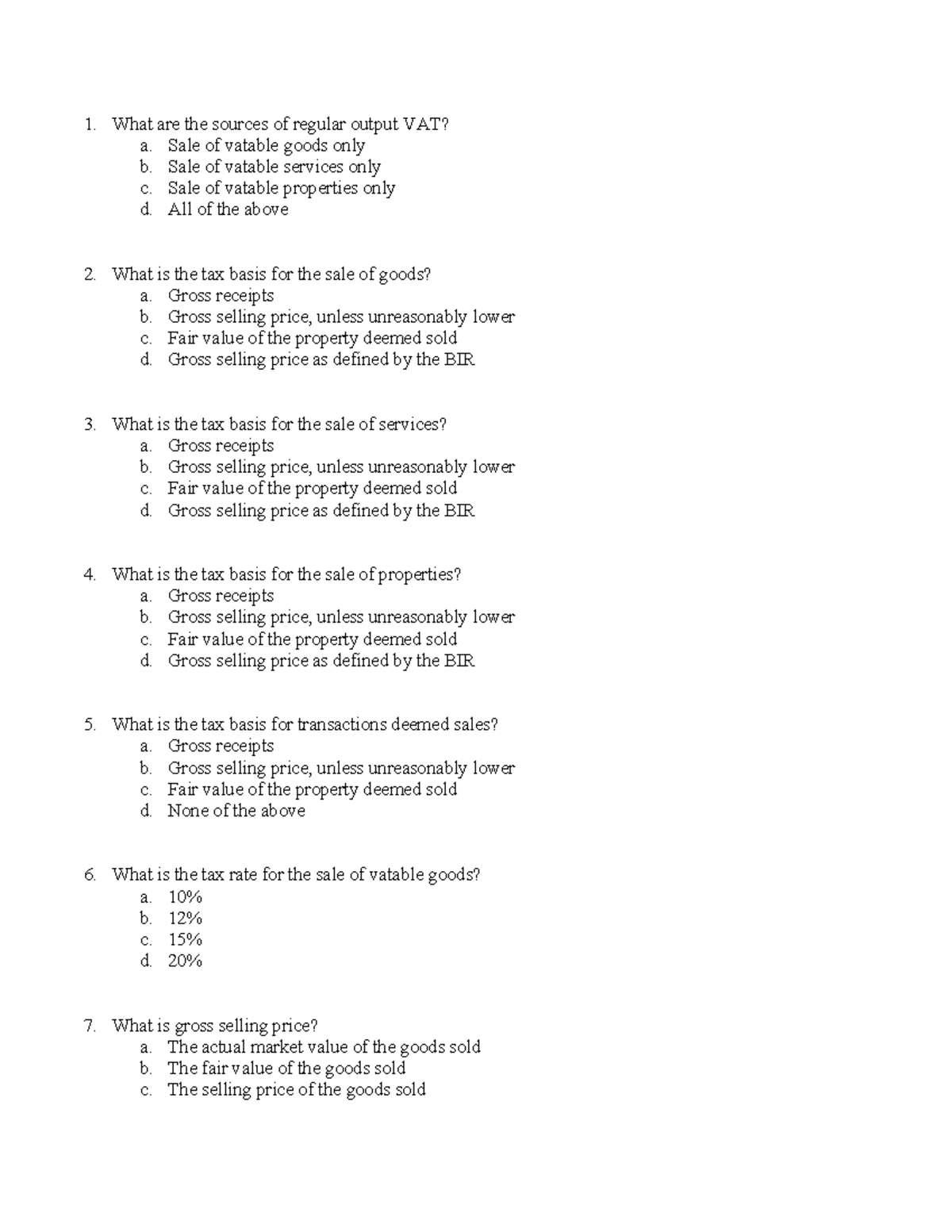 Quizzer No. 1 - Output VAT - What are the sources of regular output VAT ...