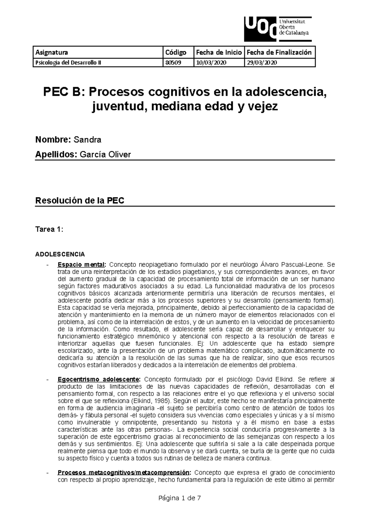 PEC B Plantilla entrega - Psicología del Desarrollo II 80509 10/03/2020 29/03/ PEC B: Procesos ...