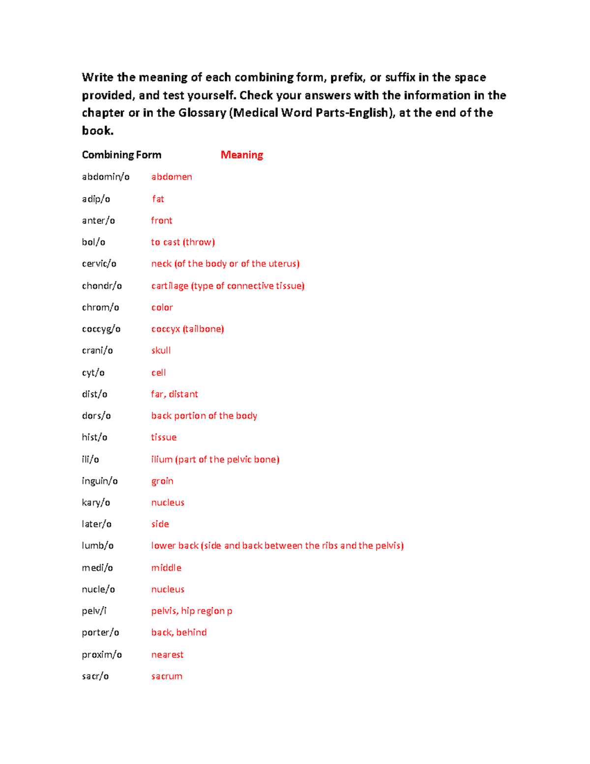 Exercice 2 unit 2 - Write the meaning of each combining form, prefix ...
