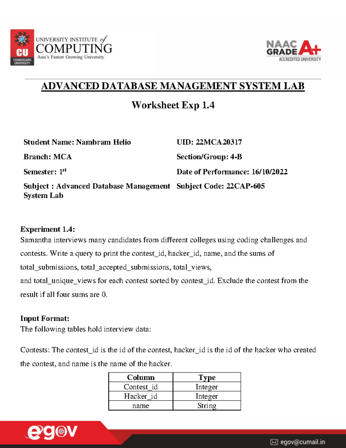 22MCA20317 Nambram Helio 1.4 worksheet Adbms - ADVANCED DATABASE MANAGEMENT SYSTEM LAB Worksheet ...
