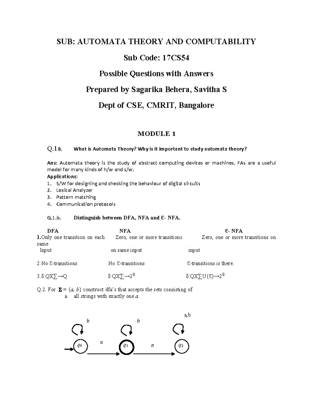 ATC Questionbank Solution - SUB: AUTOMATA THEORY AND COMPUTABILITY Sub Code: 17CS Possible ...