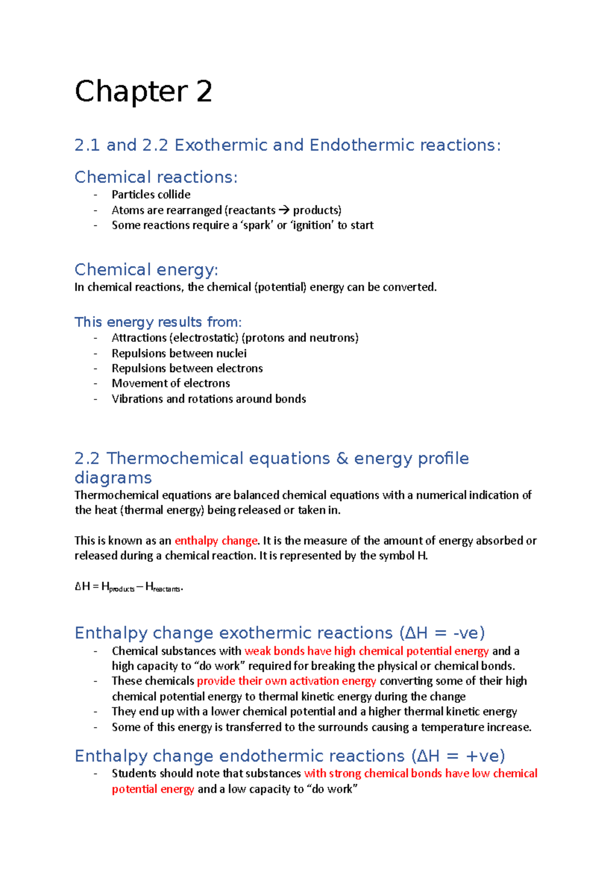 Chapter 2 - just some notes - Chapter 2 2 and 2 Exothermic and ...