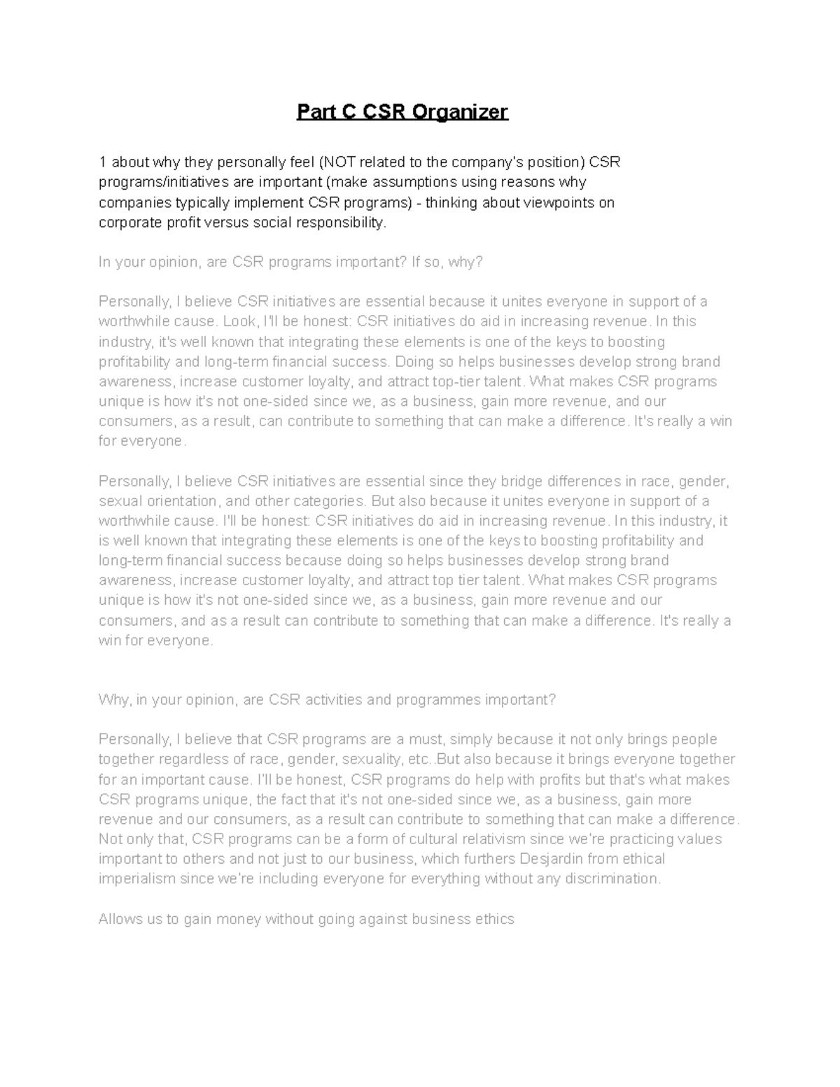 Part C CSR Organizer - Answer key for portion C of CSR Assignment ...