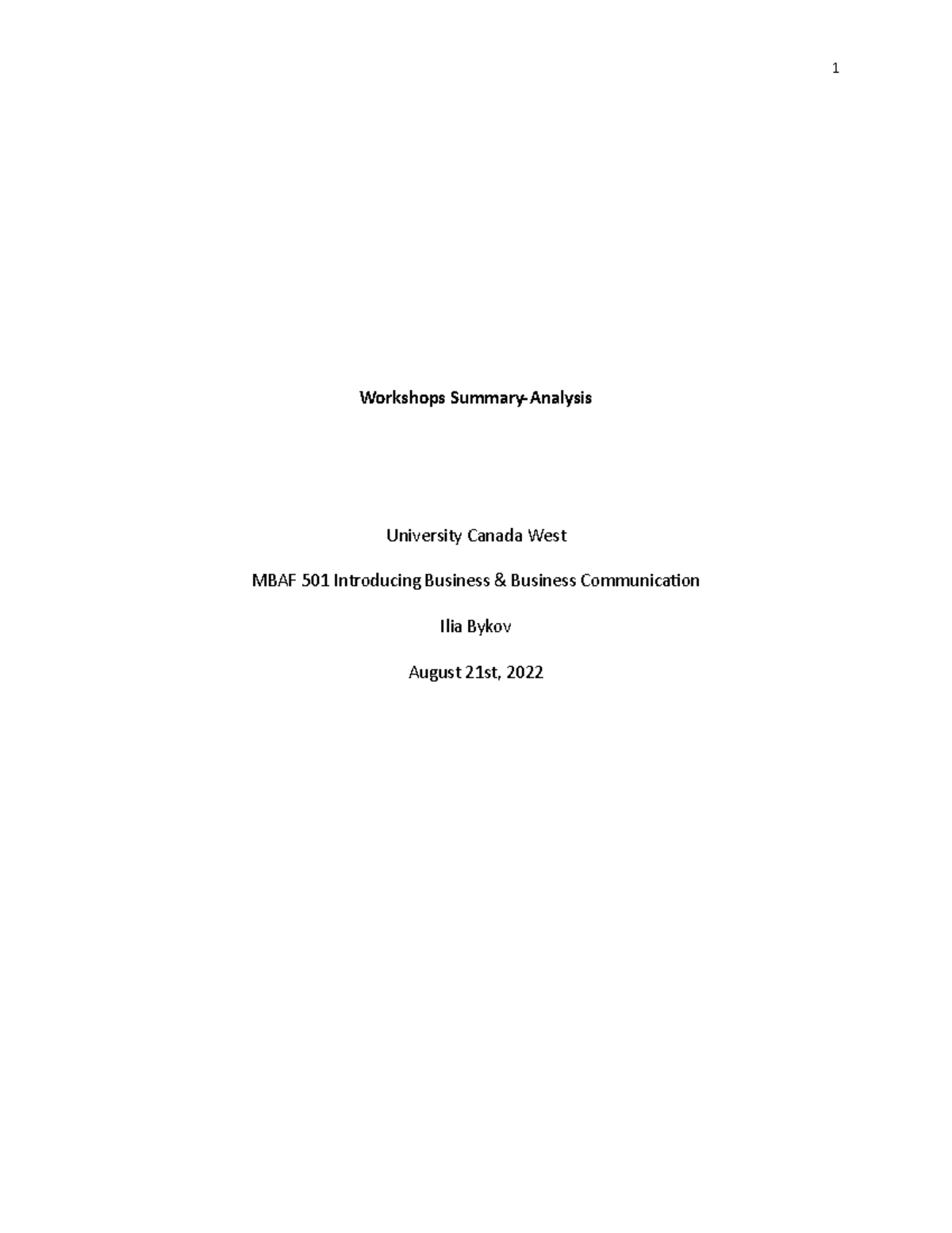 MBAF501-16 Workshops J - Workshops Summary-Analysis University Canada ...