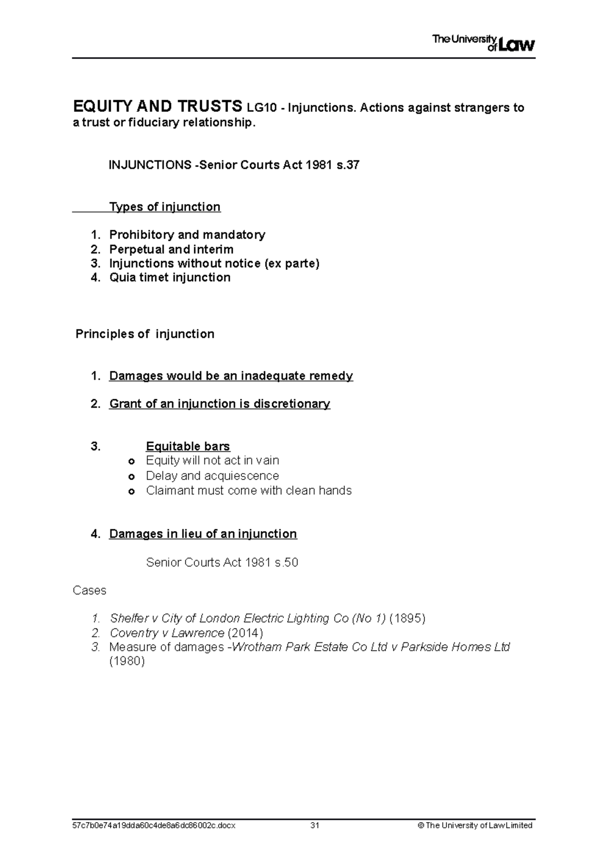 EQT LG 10 Notes - EQUITY AND TRUSTS LG10 - Injunctions. Actions against ...