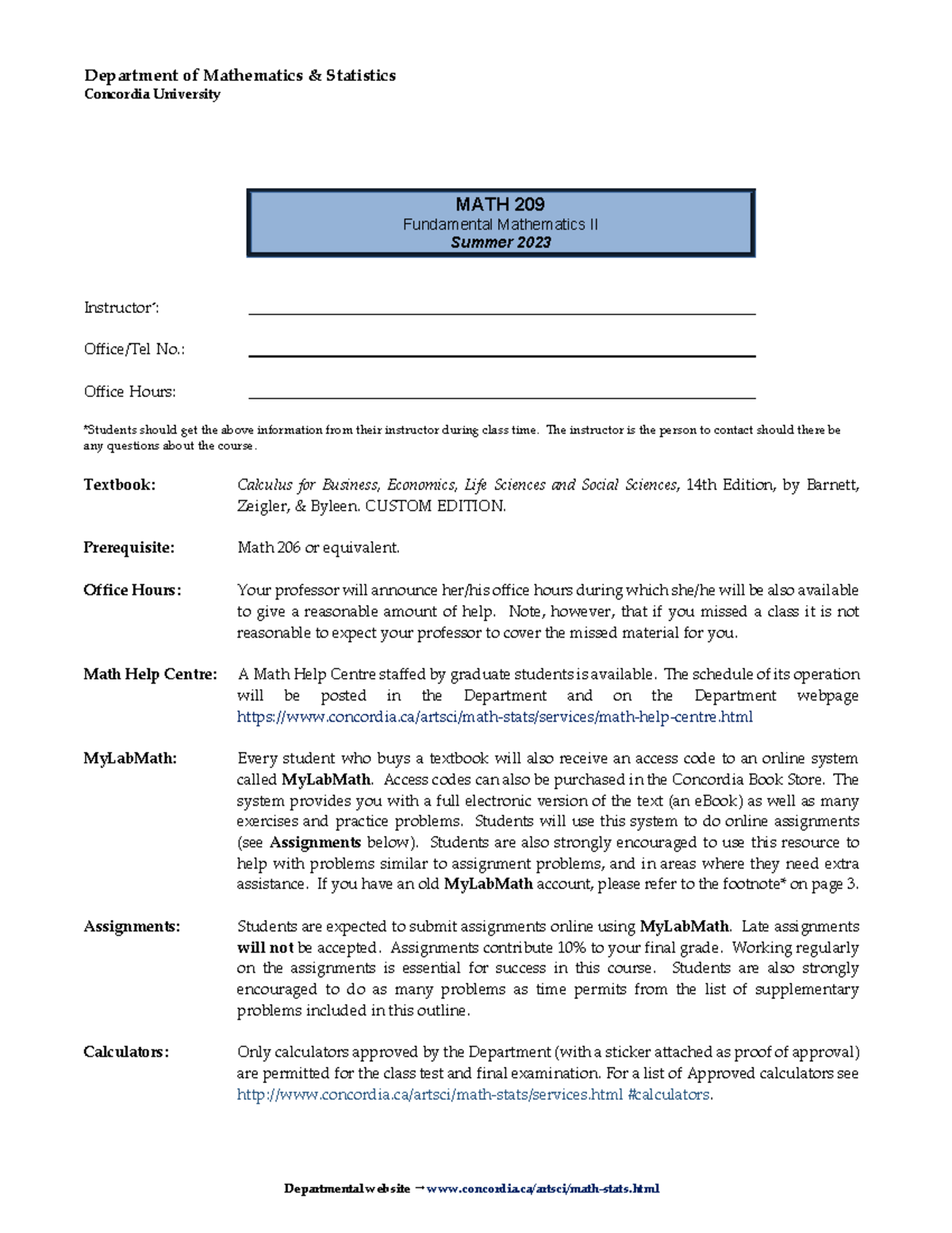 MATH209 Course Outline Summer 2023 - Departmental website concordia ...