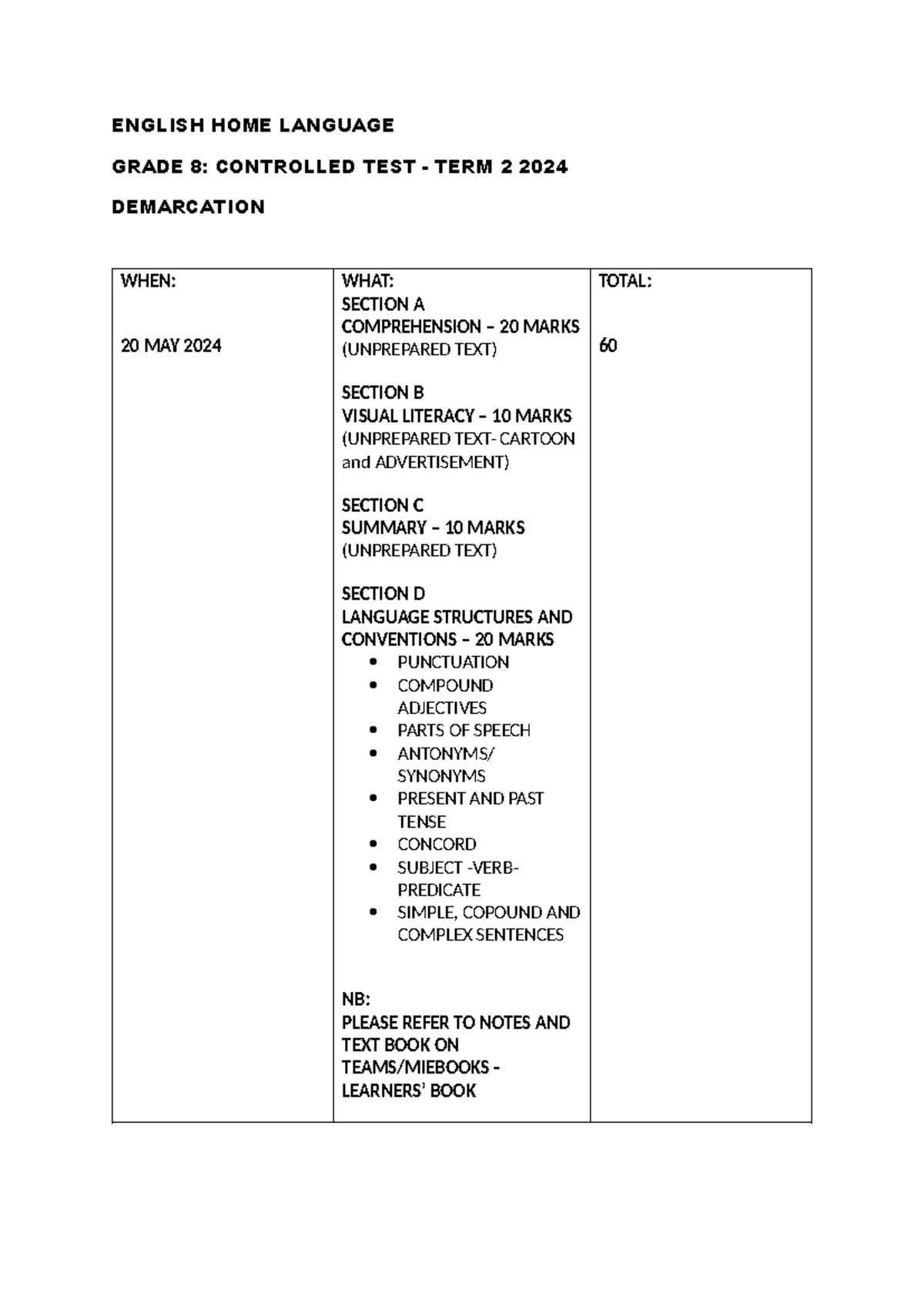 English HOME Language - Grade 8 Demarcation TERM 2 -2024 - ENGLISH HOME ...