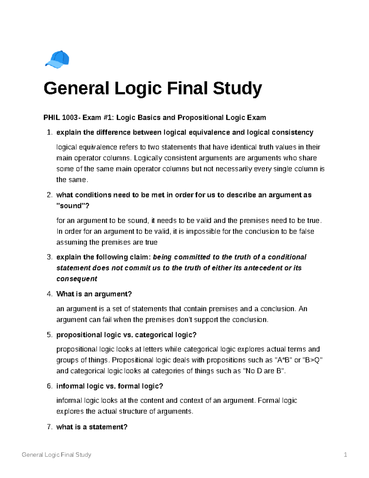 General Logic Final Study - General Logic Final Study PHIL 1003- Exam ...