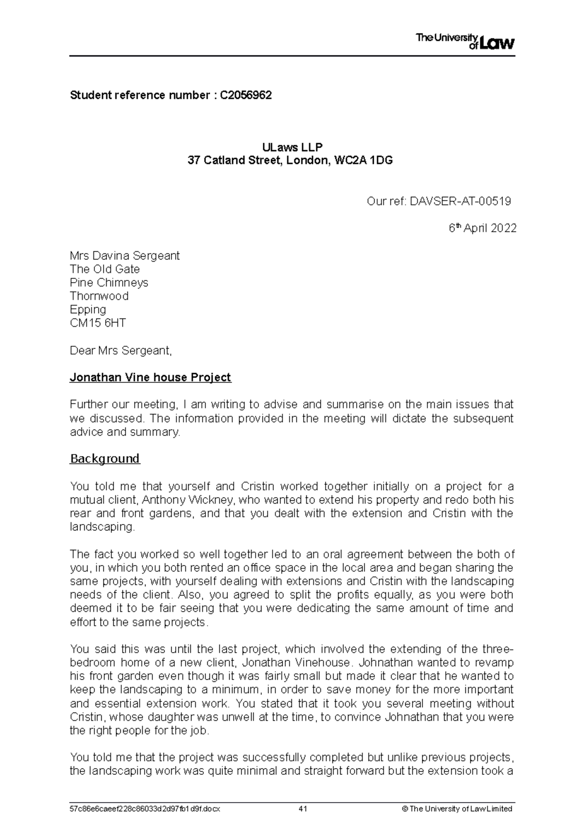 Legal writing Final - lpc - Student reference number : C ULaws LLP 37 ...