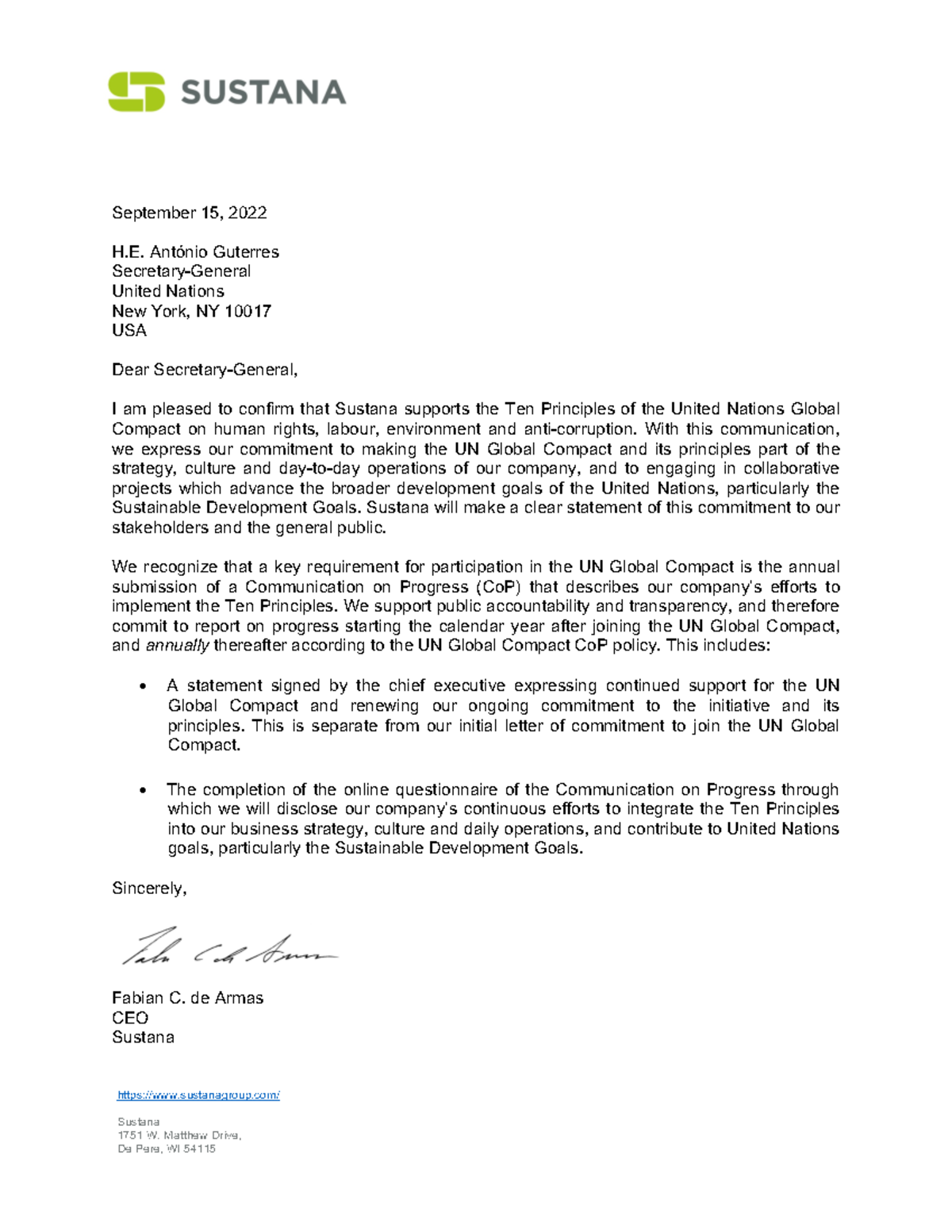 UN Global Compact Letter of Commitment Sustana - sustanagroup/ Sustana ...