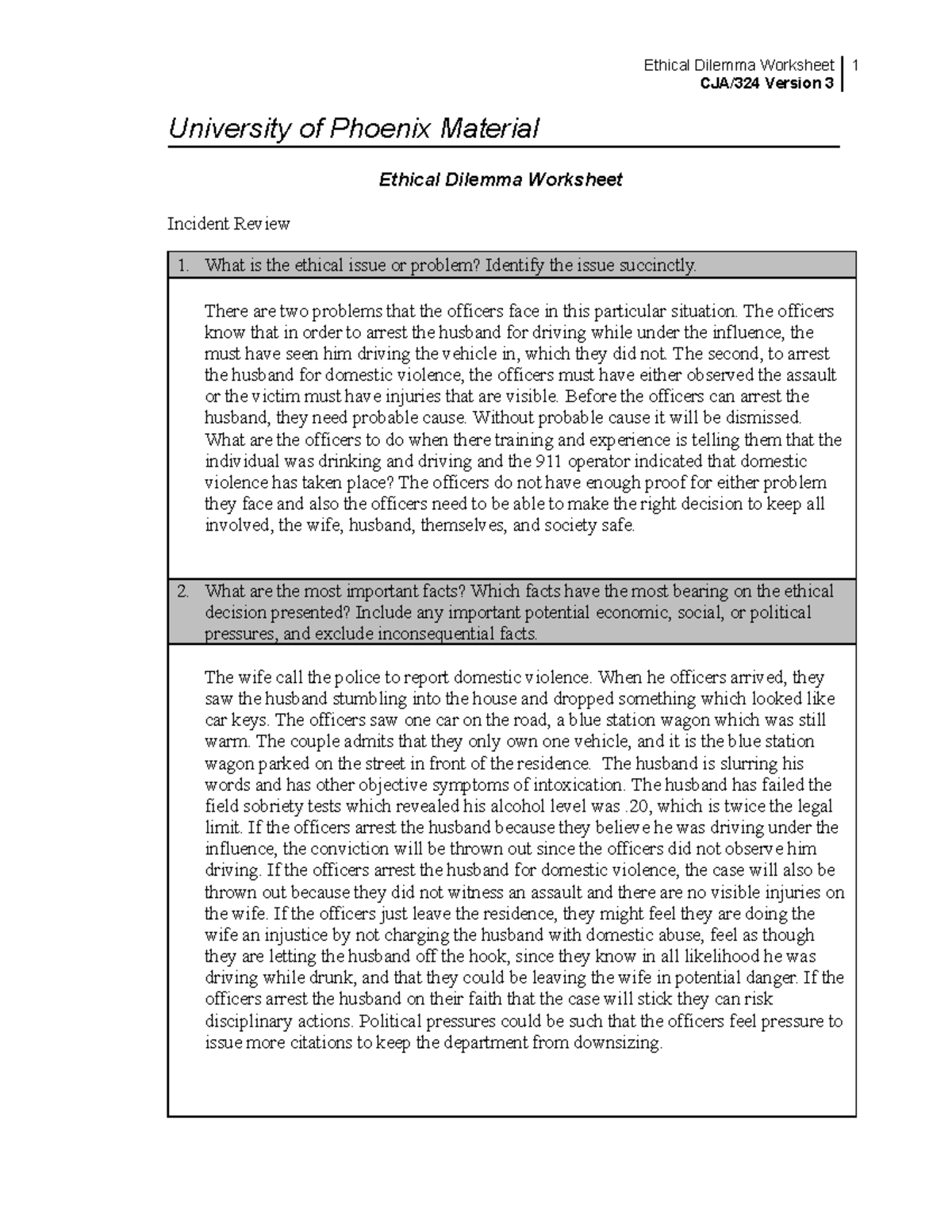 Ethical Worksheet - CJA/324 Version 3 University of Phoenix Material ...