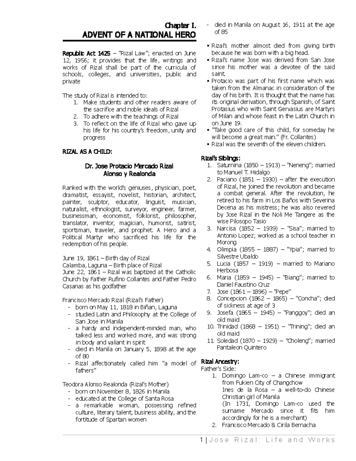 Jose Rizal Life and Works - Chapter I. ADVENT OF A NATIONAL HERO ...