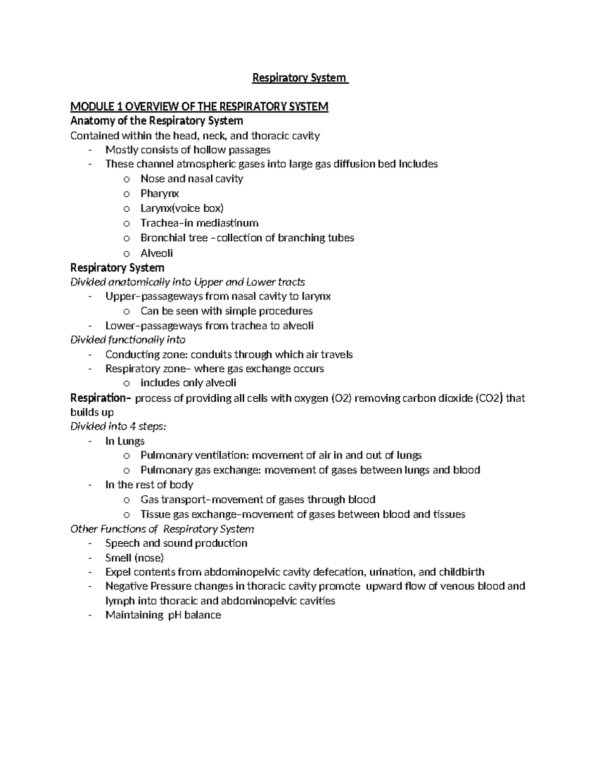 Respiratory System - Notes - Respiratory System MODULE 1 OVERVIEW OF ...